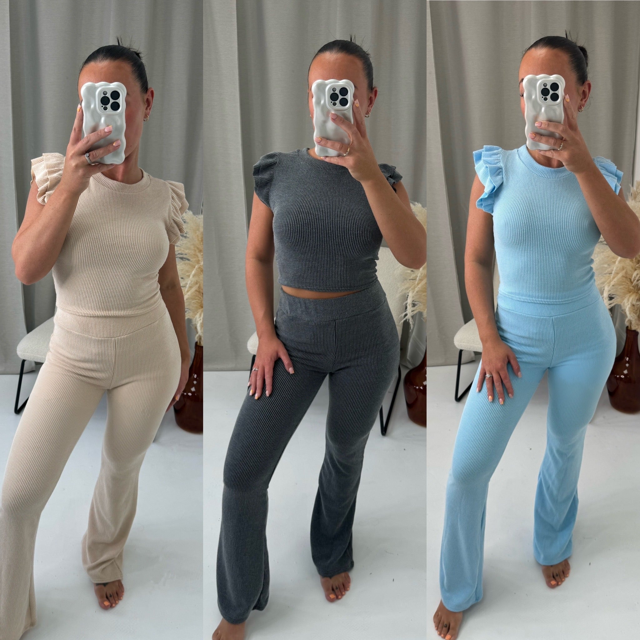 Frill Short Sleeve Ribbed Two Piece Flare Trousers and Top Set - ALLTR ...